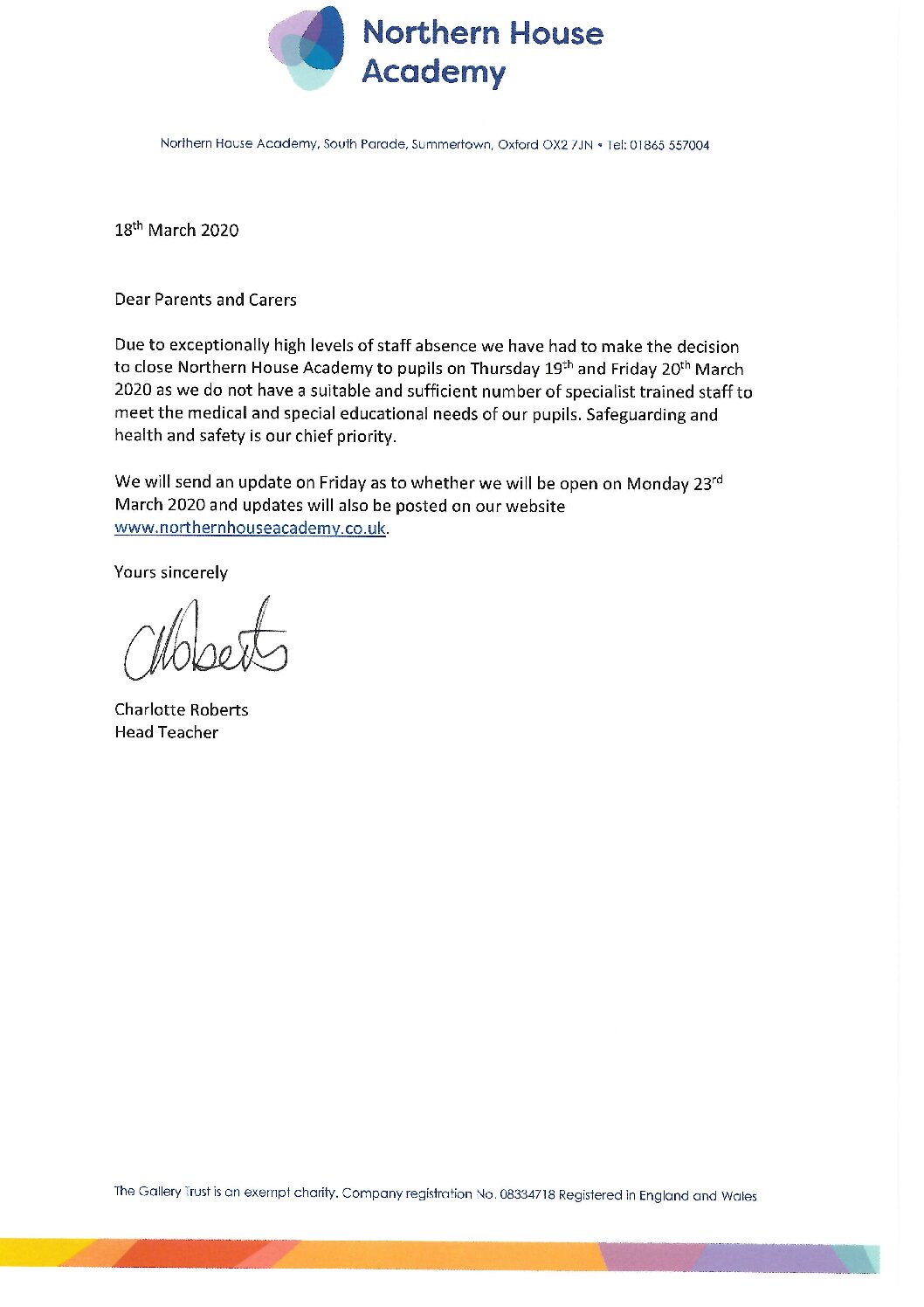 Closure Letter Bardwell School