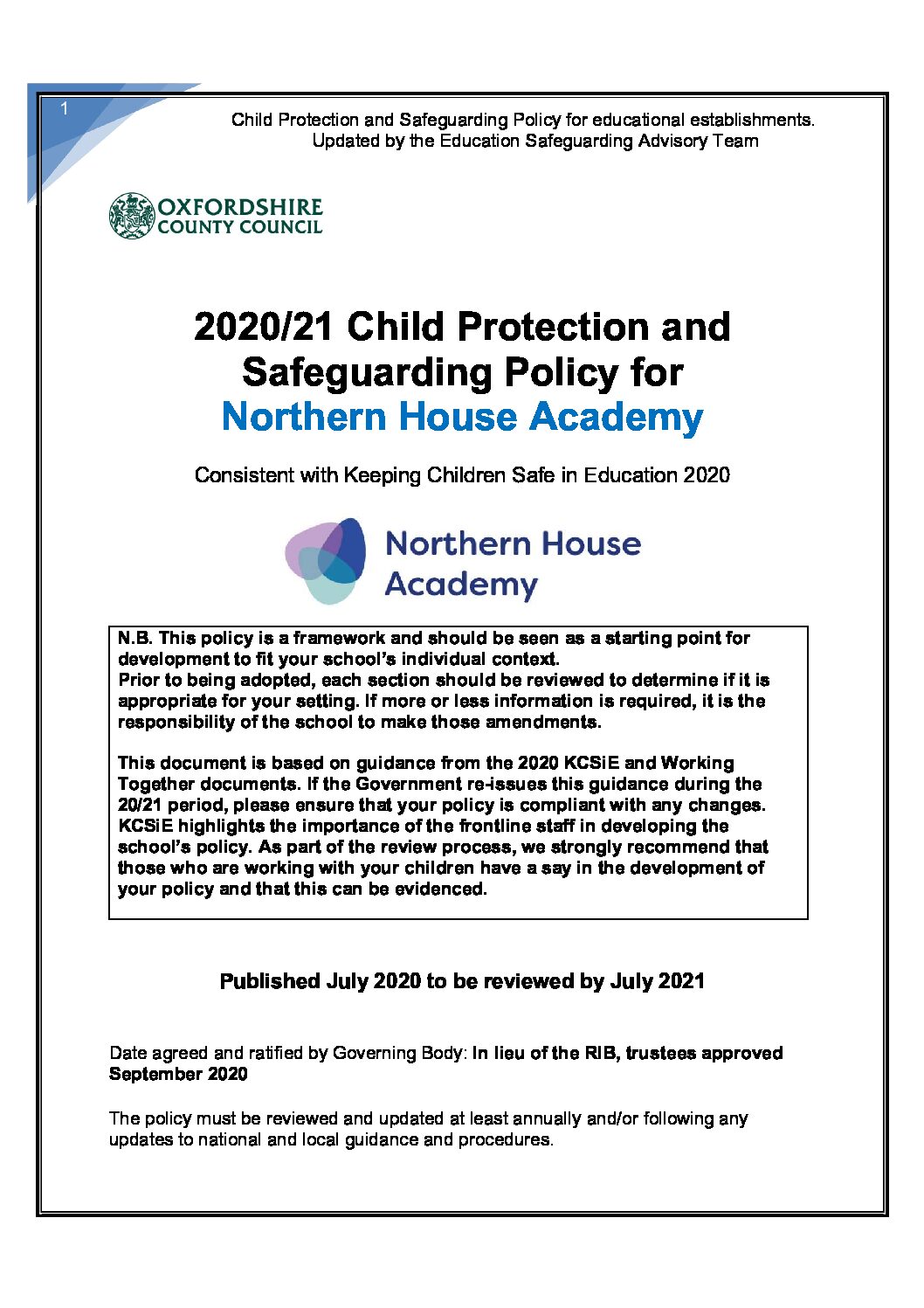 2020-21 Child Protection and Safeguarding Policy - Northern House