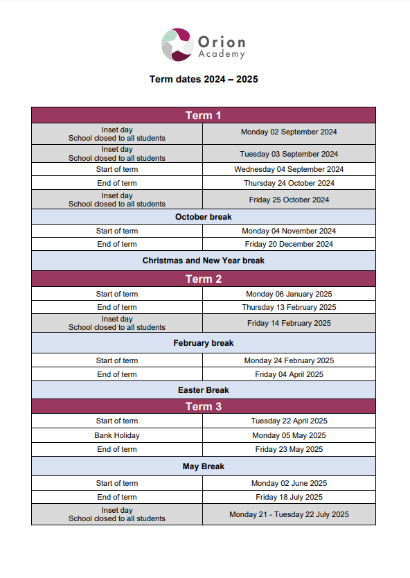 Term Dates - Orion Academy
